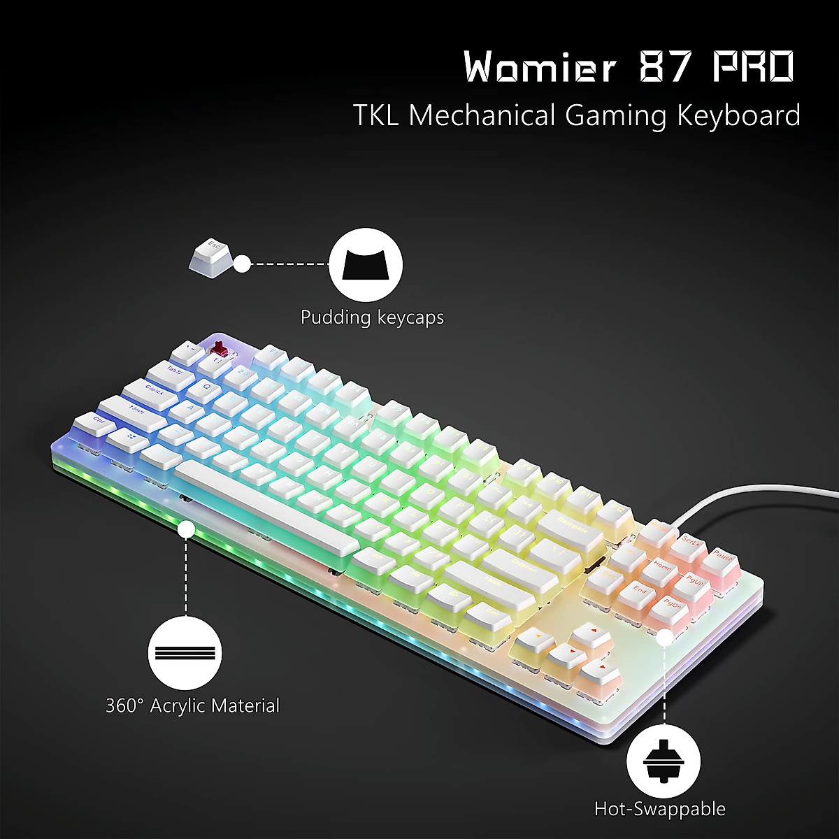 75% Keyboard - Creamy Keyboard, TKL Mechanical Gaming Keyboard, Hot Swappable Keyboard, K87 PRO with Pudding Keycaps Wired RGB Keyboard for PC PS4 Xbox - Red Switch