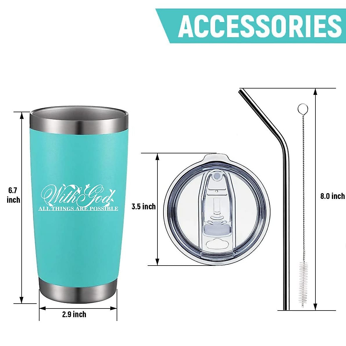 Mothers Day Gifts , With God All Things Are Possible Inspirational Tumblers with Lid & Straw 20 Oz | Insulated Stainless Steel Tumbler Coffee Mug | Best Christian Religious Gifts For Women (Mint)