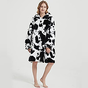 softan Blanket Hoodie, Oversized Wearable Blanket for Adult Men Women, Super Cozy Warm and Soft Hooded Blanket Sweatshirt, Cow Print Faux Fur Blanket Sweatshirt with Large Pocket, One Size Fits All