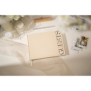 Cream Guest Book (Design 3) - 9.5 x 7 Real Linen Hardcover Guestbook for Wedding Ceremony Reception Signin, to Add Polaroid & Write Messages, Bridal Baby Shower Engagement Birthday Party, Small Size