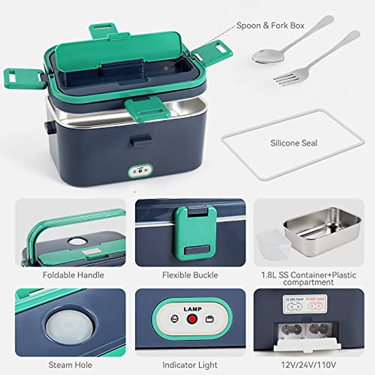 VMOTOR Electric Lunch Box,60W High-power Food Heater,12V/24V/110V 3 in 1 Portable microwave for Car/Truck/Home/Work with 1.8L Removable 304 Stainless Steel Container (Royal blue+Green)