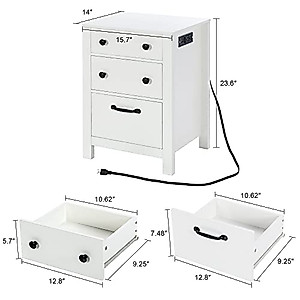 Nightstand with Charging Station, End Table, Side Table with 3 Storage Drawers for Small Space, Flip Top Bedside Table with USB Ports and Outlets for Bedroom, Living Room, Easy Assembly, White