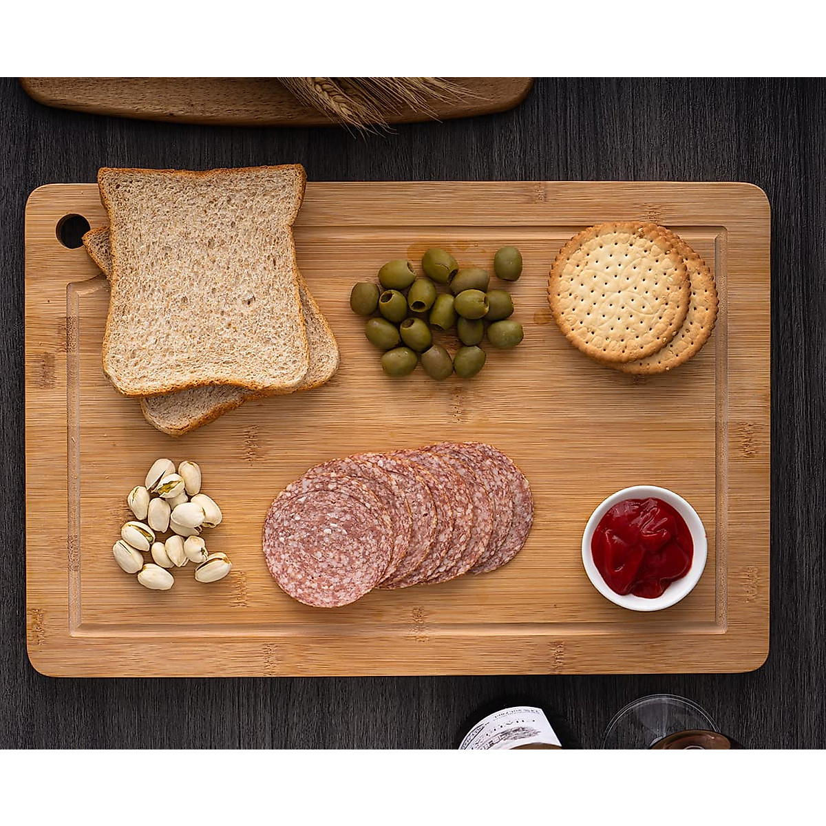 Large Bamboo Cutting Board Cheese Board Cheese Tray with Juice Groove & Round Groove, Chopping Board Charcuterie Board Christmas