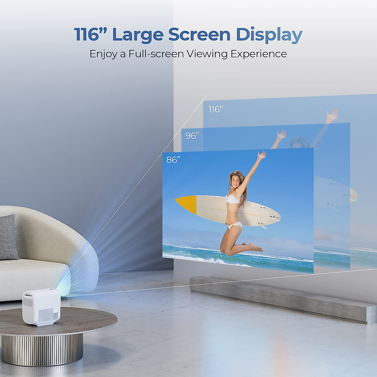 Liene Native 1080P Projector Outdoor/Indoor Smart Mini Projector, 400 ANSI 9500 Lumen 4K Supported, Mini Projector with 360 Degree Surround Sound, Dust-Proof, Compatible with TV Stick, iOS, Android