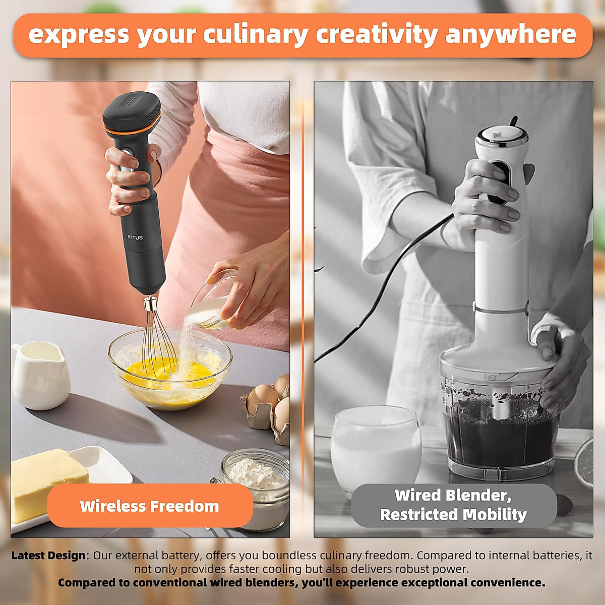 Commercial Immersion Blender, 5 in 1 Cordless Hand Blender Heavy Duty Motor, 4000-13000RPM lmmersion Blender Variable Speed Hand Blender With Mixing Beaker, Chopper, Whisk and Milk Frother