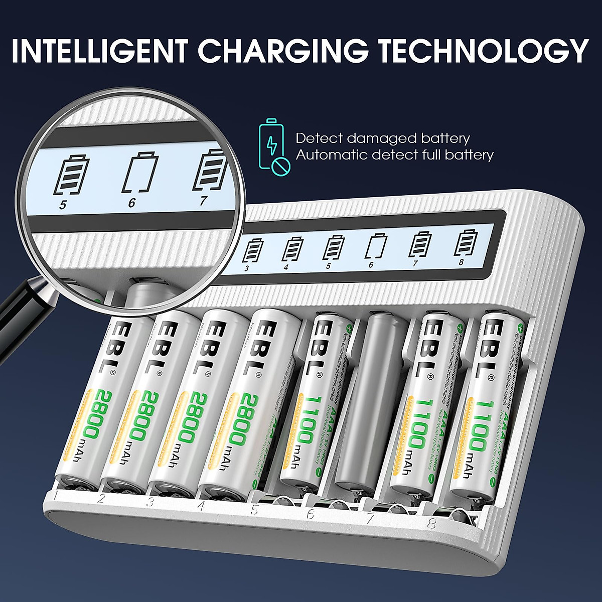 EBL AA AAA Battery Charger, Independent 8 Slots with Advanced Discharge Function, LCD Screen for 1.2V NiMH NiCD Rechargeable Batteries, Micro USB and Type C Input
