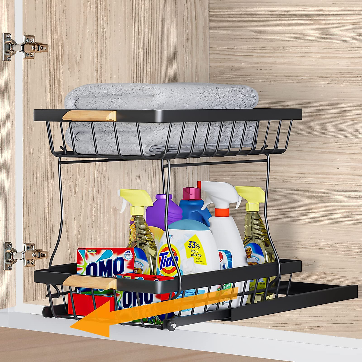RAOHEVU Under Sink Organizers and Storage, Sliding Under Cabinet Organizer, 2 Tier Bathroom Under Sink Organizer for Kitchen with Wooden Handle
