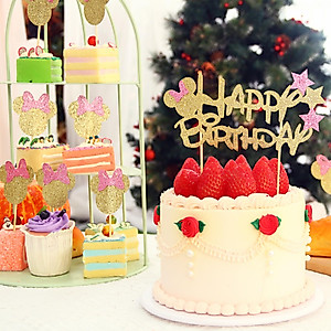 Wolpark 25Pcs Mouse Inspired Cupcake Toppers with Pink Bow Glitter Gold Mouse Cupcake Picks Happy Birthday Cake Topper with Star Mouse Birthday Decorations Party Supplies Wedding Baby Shower