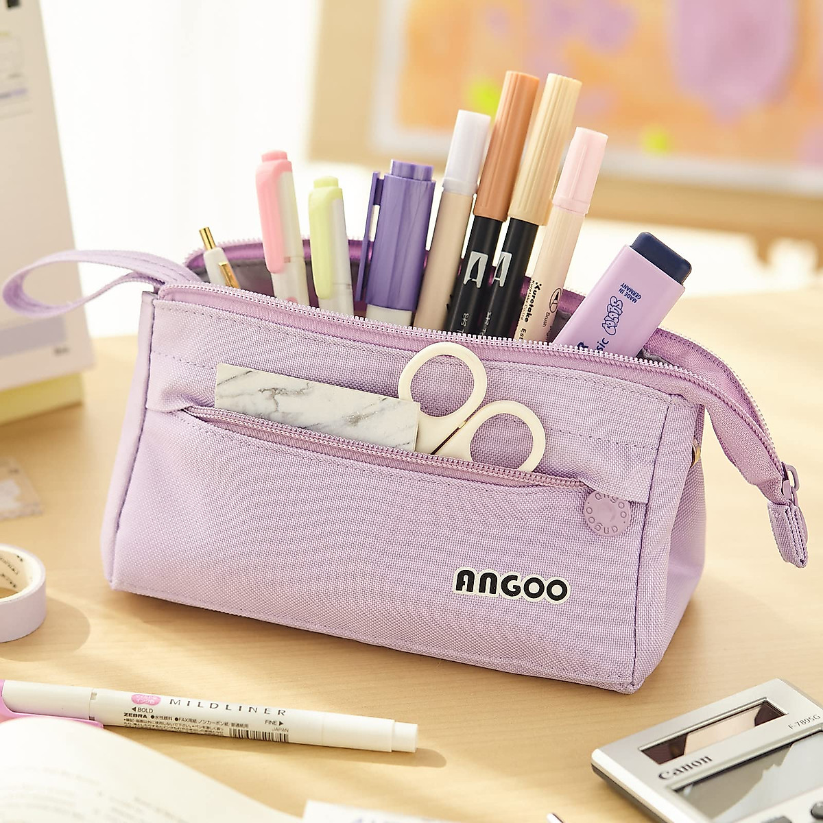 ANGOOBABY Large Capacity Pencil Case Durable Pen Pouch Portable Pencil Bag with Handle for School Teen Girl Boy Men Women Adults Purple