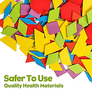 Wooden Pattern Blocks Set 155 Pcs Geometric Shape Puzzle Kindergarten Tangram Brain Teasers Early Educational Montessori for Kids Ages 3-8 with 24 Pcs Design Cards