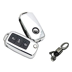 Soft TPU Key Fob Cover Case Fit for VW Volkswagen Jetta Polo Tiguan Beetle Golf GTI/R/MK6 5 Passat Sharan Skoda Octavia Rapid Accessories Keyless Remote Holder Skin Jacket Protector (Silver)
