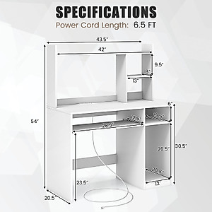 COSTWAY White Computer Desk with Storage Shelf, Wooden Writing Desk with Hutch, Office Desk with CPU Stand & Keyboard Tray, Home PC Desk with Bookshelf, for Bedroom, Study, Living Room