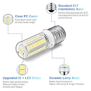KLG E17 LED Bulbs Dimmable Under Microwave Oven Stove Lights, Daylight 6000K, 40W Incandescent Equivalent, E17 LED Aappliance Bulbs Stove Hood Light, Pack of 2