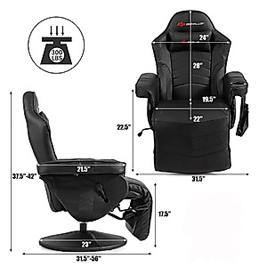 POWERSTONE Gaming Recliner Massage Gaming Chair with Footrest Ergonomic PU Leather Single Sofa with Cup Holder Headrest and Side Pouch, Adjustable Living Room Chair Seating, Black