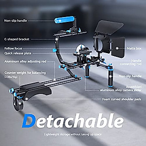 Neewer Shoulder Rig Kit for DSLR Cameras and Camcorders, Movie Video Film Making System with Matte Box, Follow Focus, C-Shaped Bracket, 15mm Rods, Handgrip, 1/4” & 3/8” Threads (Blue + Black)