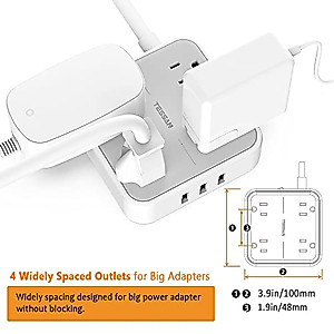 Power Strip with 3 USB Ports, TESSAN 5 ft Extension Cord Flat Plug with 4 Outlets, Indoor Desk Charging Station, Mountable Compact for Travel, Cruise Ship, Office, School, Dorm Room Essentials Gray
