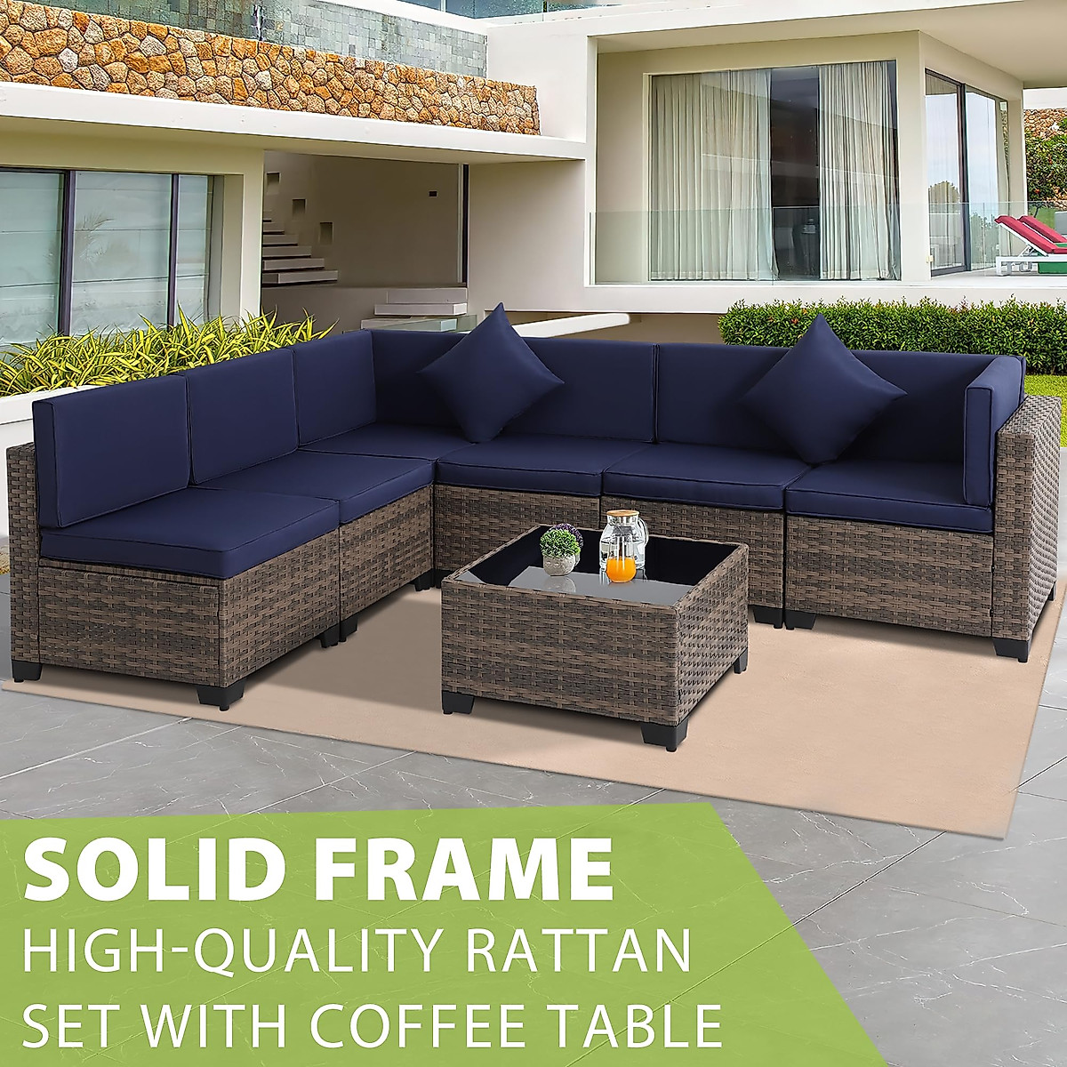 YOCONYO 7 Pieces Patio Furniture Set, Outdoor Furniture Patio Conversation Set, All Weather Rattan Wicker Couch, Sectional Sofa with Cushions and Glass Table for Garden, Backyard, Poolside, Brown-Navy