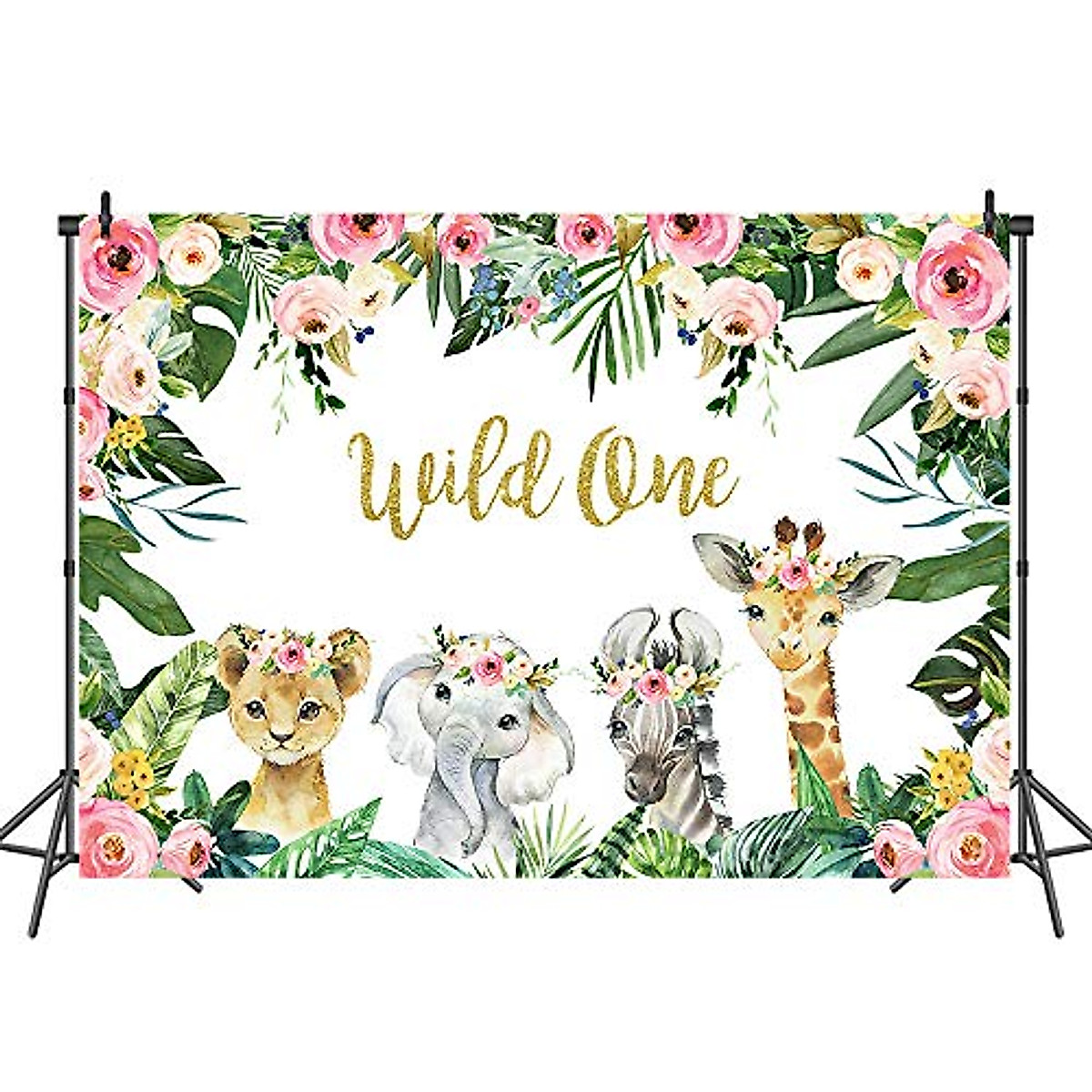 Mocsicka Girl Wild One Backdrop Jungle Safari Animals 1st Birthday Vinyl Photo Background 7x5ft Gold Wild One Birthday Banner Backdrops for Girls Cake Dessert Table Decorations