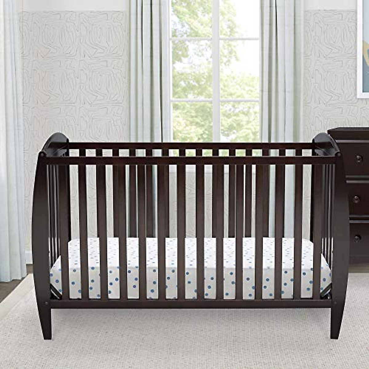 Delta Children Twinkle 4-in-1 Convertible Baby Crib, Sustainable New Zealand Wood, Dark Chocolate and Delta Children Twinkle Galaxy Dual Sided Recycled Fiber Core Crib and Toddler Mattress (Bundle)