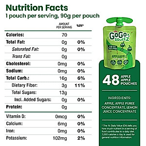 GoGo squeeZ Fruit on the Go, Apple Apple, 3.2 oz (Pack of 48), Unsweetened Fruit Snacks for Kids, Gluten Free, Nut Free and Dairy Free, Reclosable Cap, BPA Free Pouches