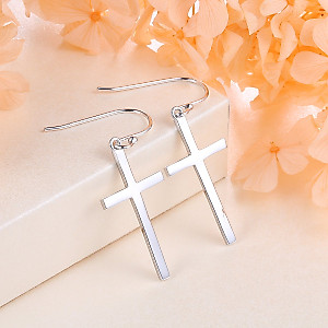 S925 Sterling Silver Jewelry Classic Religious Cross Dangle Earrings