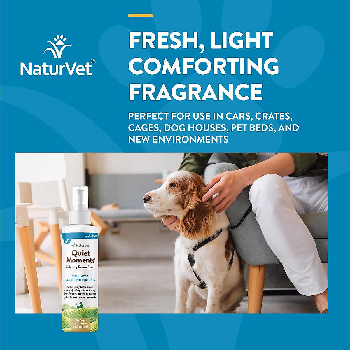 NaturVet Quiet Moments Herbal Calming Room Spray Dog Supplement – Ideal for Cars, Dog Crates, New Environments – Helps Reduce Pet Stress, Storm Anxiety, Motion Sickness – 8 Oz.