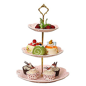 Jusalpha 3-Tier Pink Porcelain Cake Stand/Cupcake Stand/Dessert Stand/Tea Party Pastry Serving Platter/Food Display, Stand, Comes in a Gift Box- Free Sugar Tong, Pink
