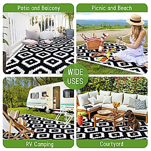 Easy-Going Reversible Outdoor Rugs 4x6ft Waterproof Plastic Straw Rug Stain & UV Resistant Floor Mat for Patio Porch RV Backyard Pool Deck Picnic Beach Trailer Camping (Diamond/Black & White)