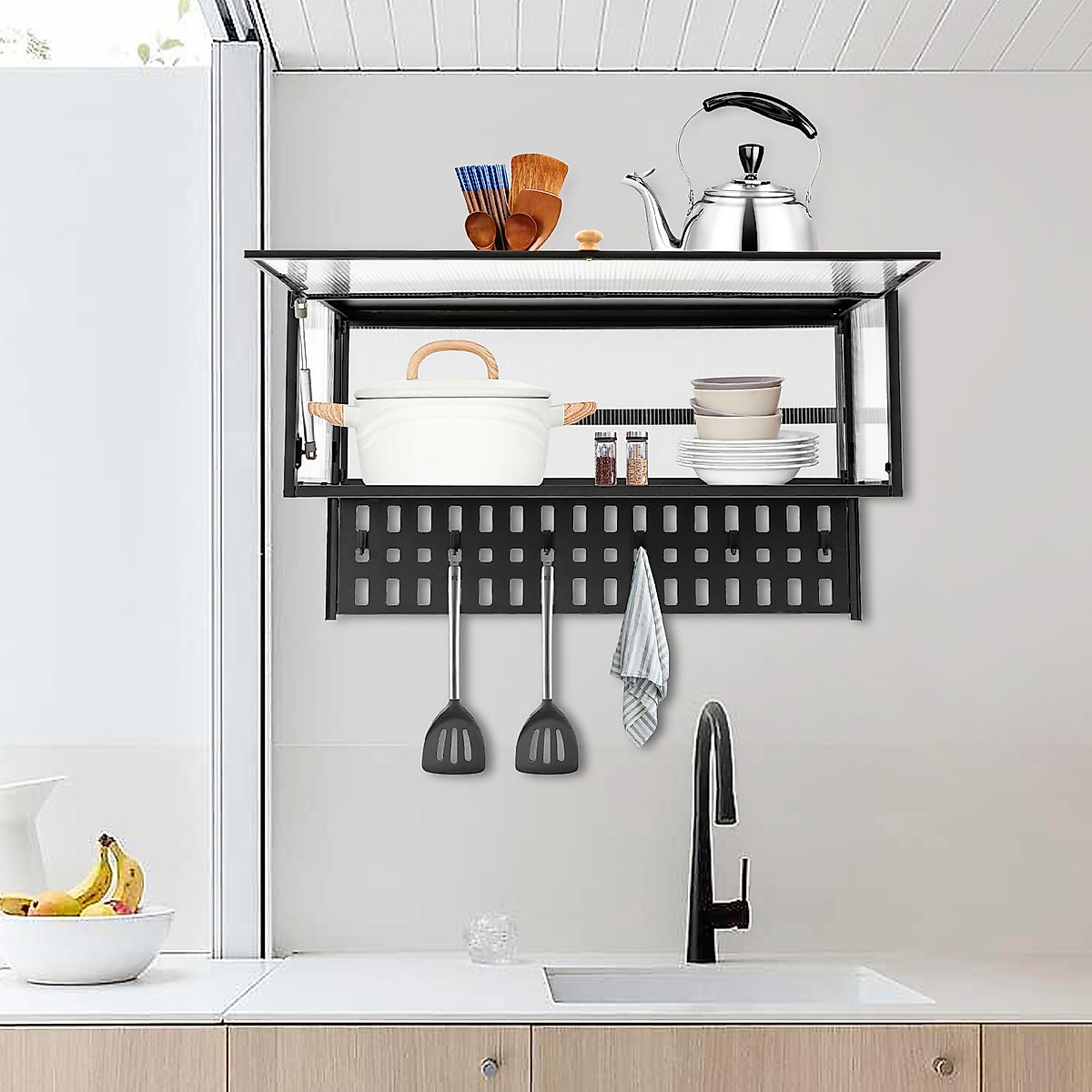 Treliamd Wall Cabinet Balcony Kitchen Wall Cabinet Living Room Bedroom Storage Cabinet Flip-Up Door Wall Cabinet Wall-mounted Locker (Black, Size : 85 * 28cm)