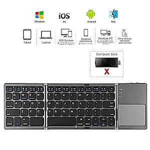 JPHTEK Foldable Bluetooth Keyboard with Touchpad, Portable Wireless Keyboards, Rechargeable Full Size Ultra Slim Pocket Folding Keyboards for Android Windows iOS Tablet & Laptop Gray