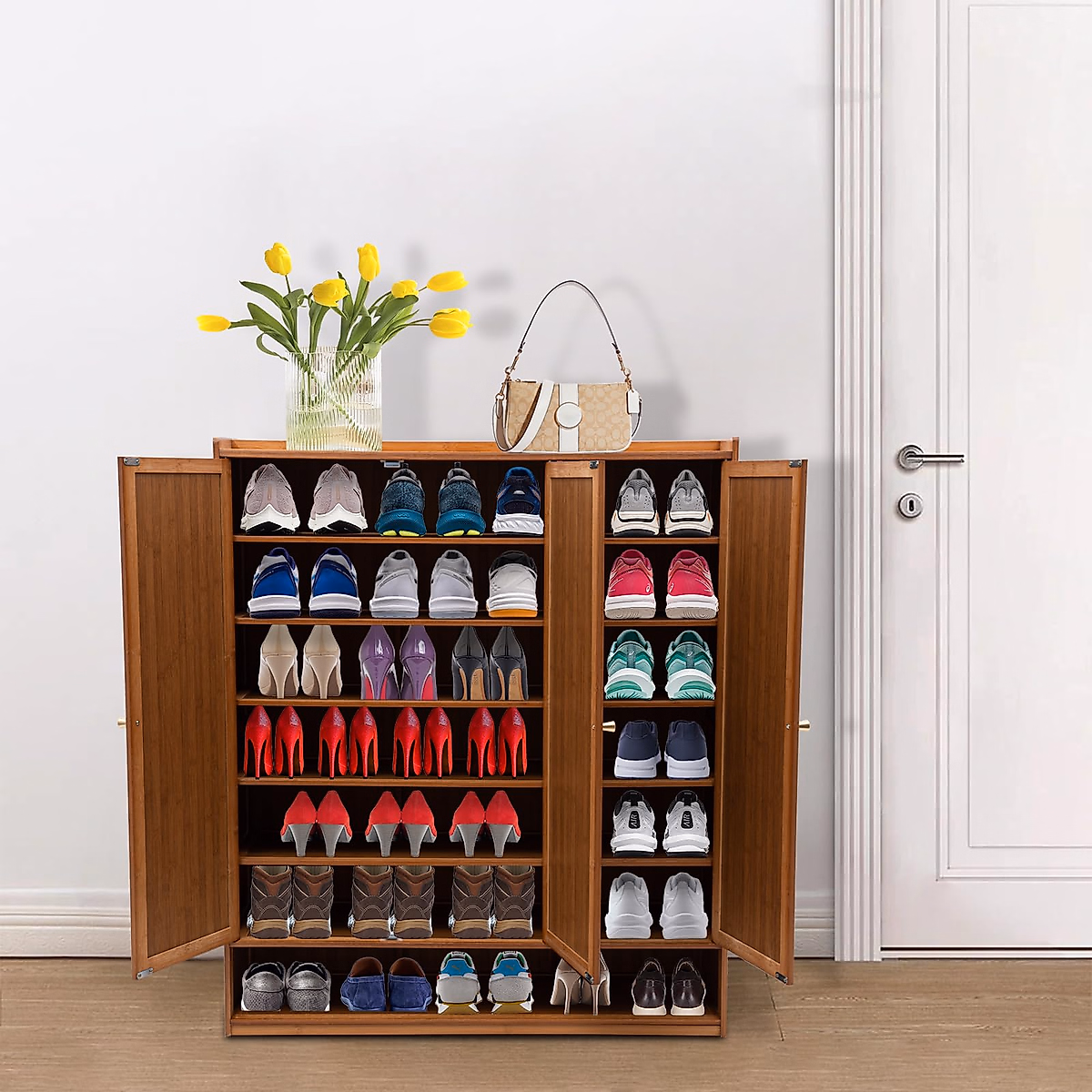 HYYKJ-US Modern Bamboo Shoe Storage Cabinet with Shutter Doors 8 Tier Freestanding Shoe Rack Shoe Floor Storage Organizer Rack for Entryway Living Room Bedroom 35.4" L×12.6" W×42.1" H