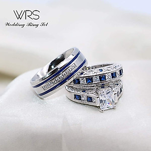 wedding ring set Two Rings His Hers Couples Matching Rings Women's 2pc White Gold Filled CZ Wedding Engagement Ring Bridal Sets Men's Stainless Steel Wedding Band