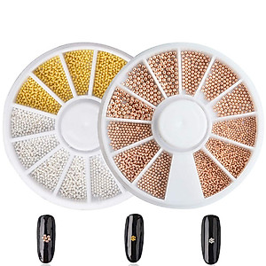 Aysekone 2 Boxes Nail Steel Pearls Nail Studs Nail Metal Caviar Pearls Fashion Gold Silver Rose Gold Nail Steel Ball Nail Tools Nail Art Decorations