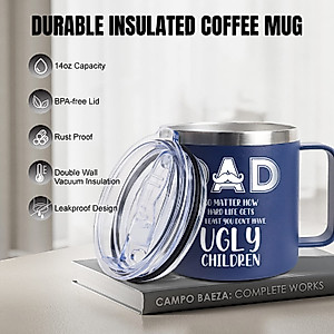 Frerdui Father Gifts Dad Insulated Tumbler Mug with Handle & Lid from Daughter Son Wife, Birthday Coffee Cup Presents, Best Ever, Husband, Men, Father-in-Law, Funny Retirement Gift - 14oz, Navy