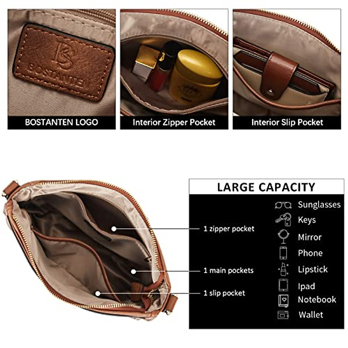 BOSTANTEN Crossbody Bags for Women Leather Handbags Hobo Shoulder Bags with Adjustable Colored Strap Brown