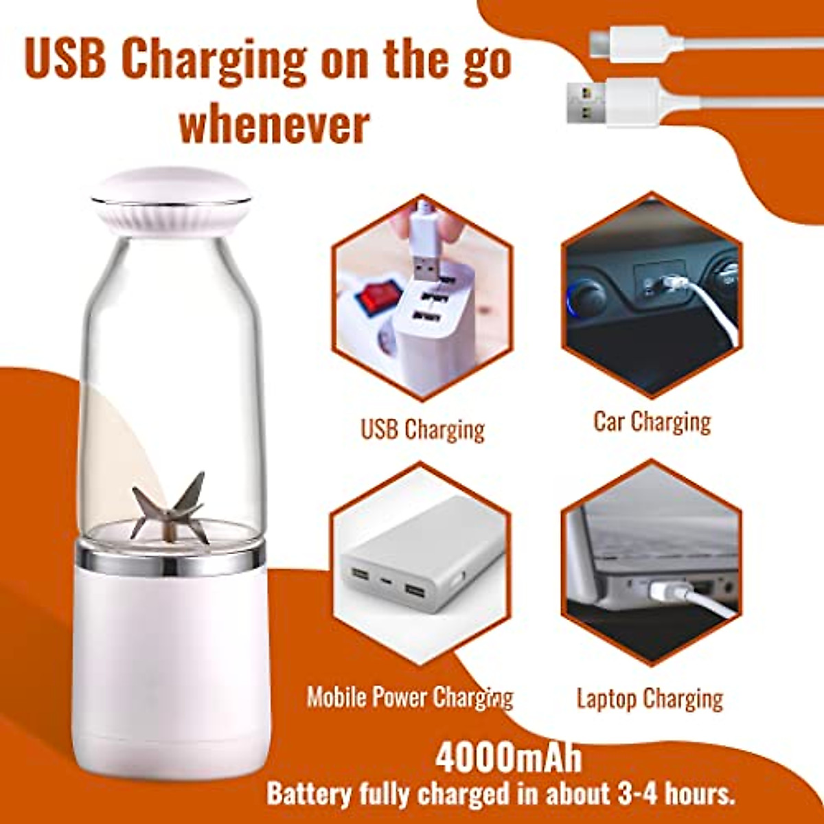 KP'S VARIETY Portable Blender Jet for Shakes and Smoothies, on the Go Blender 4000mAh USB Rechargeable Battery with 6 Blades, fresh juice blender bottle, 16 OZ Mini Personal Blender Cup for Traveling (White)