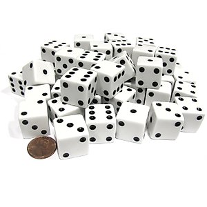Koplow Games Set of 50 Large 19mm D6 Opaque Dice (Over 1 Pound of Dice) - White w/Black Pip