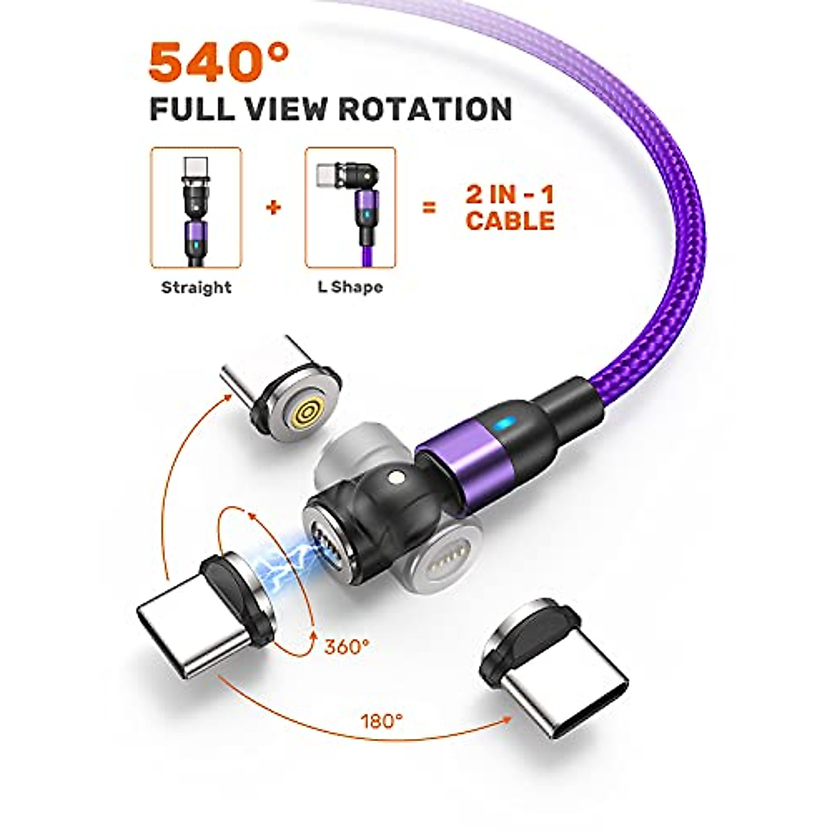 AUFU 540 Degree Magnetic Charging Cable (3Pack-6.6ft/6.6ft/6.6ft), Magnetic Phone Charger USB Magnetic Cable 3A Fast Charging Data Sync Nylon Braided USB Cord Cable for Micro USB Type C