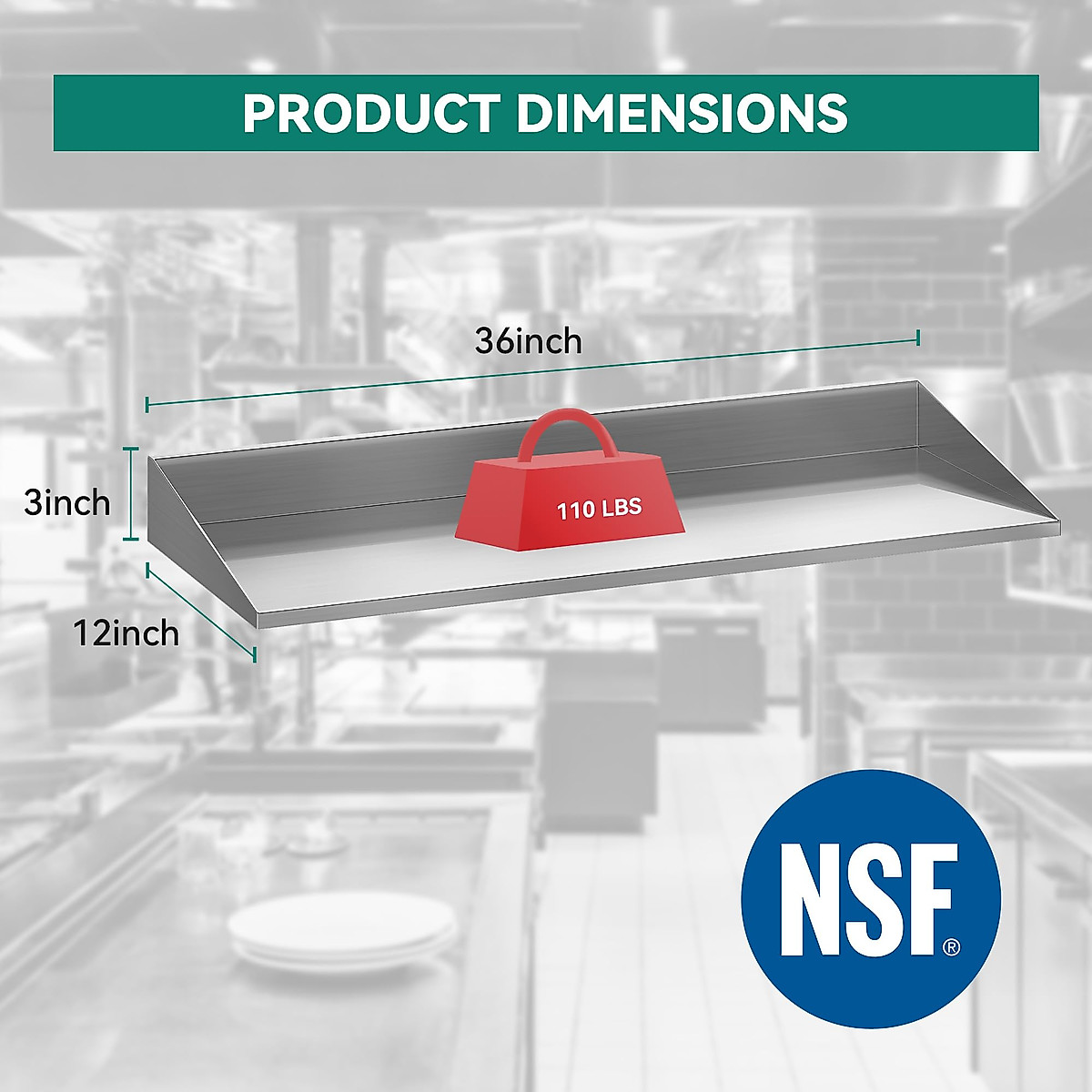 YITAHOME Stainless Steel Shelf 12 x 36 Inches, Wall Mount Metal Floating Shelves with Transparent Silicone Mat, NSF Commercial Kitchen Shelving Rack for Storage, Restaurant, Home, Hotel, Garage
