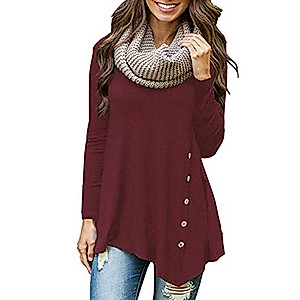 Miskely Women's Long Sleeve Casual Scoop Neck Tees Button Side Shirt Blouse Tunic Top (XL,Wine)