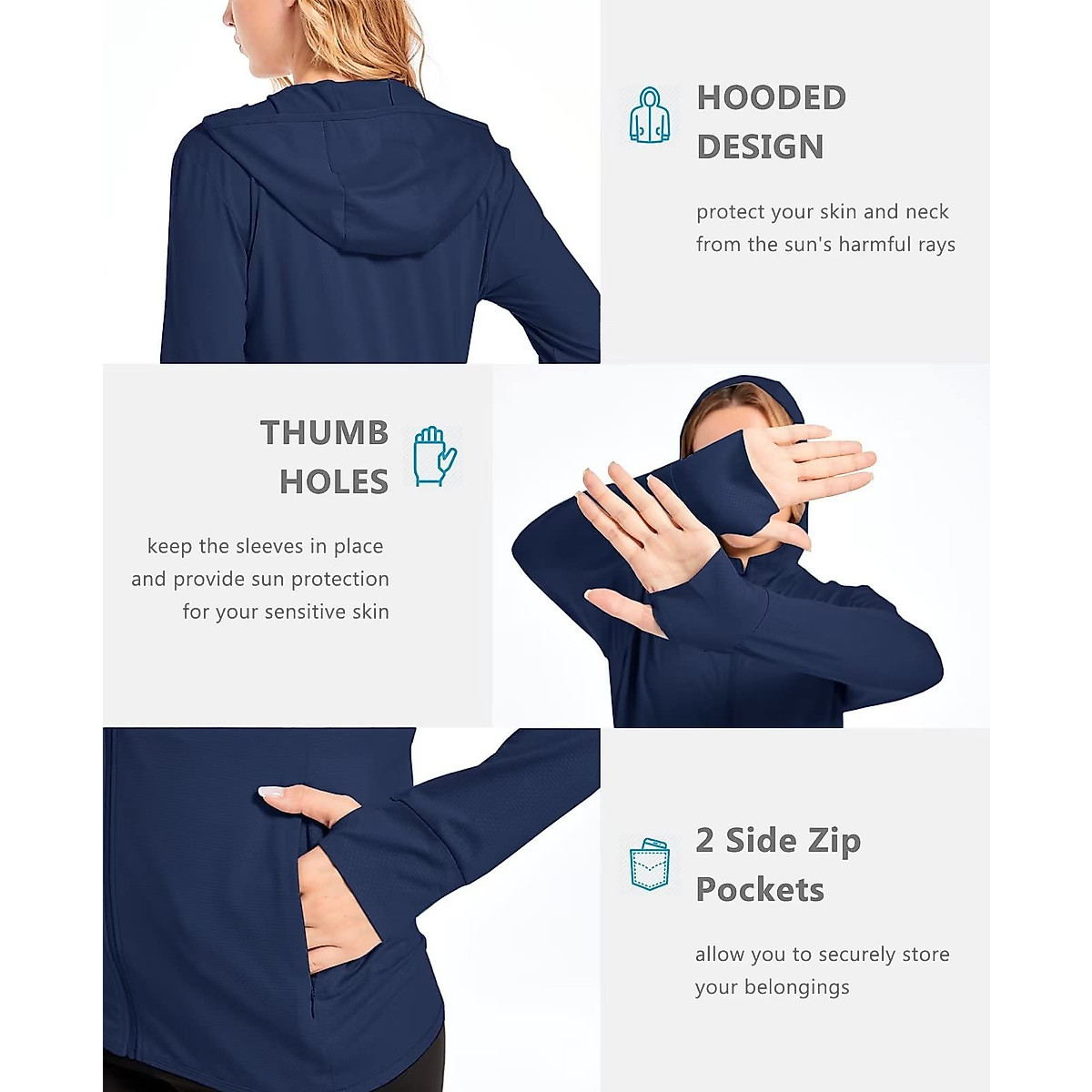 KEFITEVD UPF Shirt Women Long Sleeve UPF 50+ Sun Protection Hoodie Jacket Outdoor Workout Tops for Women Hooded Fishing Shirt Dry Fit Shirts Women Navy