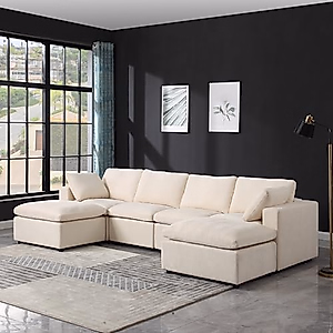 U-Shaped Oversized Chenille Upholstered Modular Sectional Sofa Modern Reversible Chaises Cloud Couch Convertible Living Room Sleeper Sofabed with Movable Ottomans for Home, Apartment