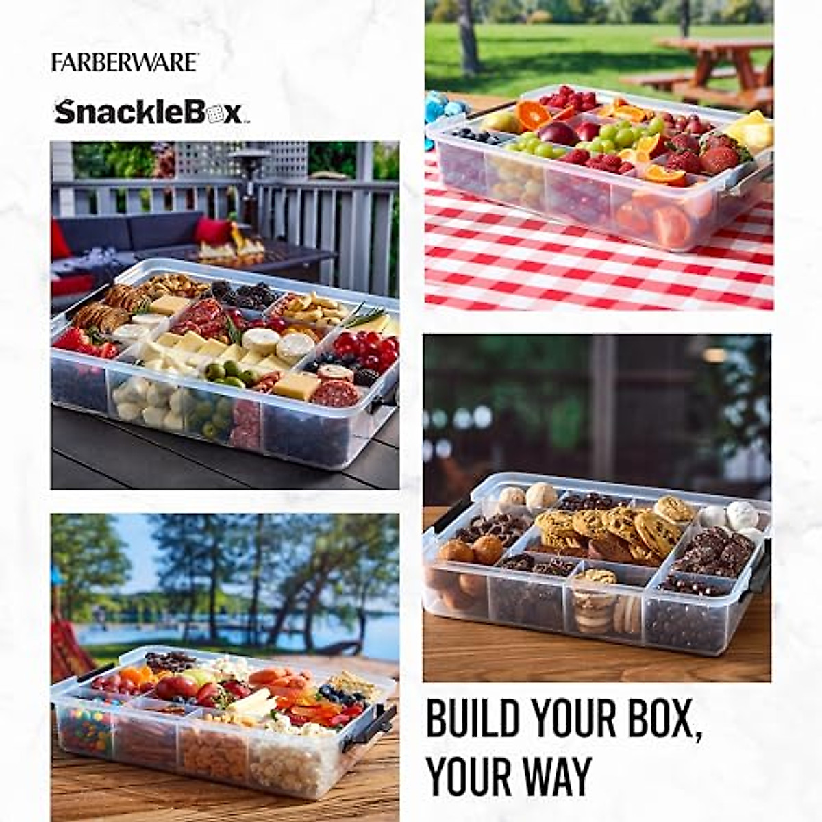 Farberware Build-a-Board Snacklebox with Locking Bamboo Cutting Board Lid, Portable Charcuterie Storage with Compartments,Make it. Take it. Enjoy it., 11x16-Inch, Natural