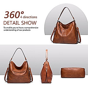 Meobvg Hobo Bag Handbags and Purses for Women, PU Leather Large Tote Shoulder Crossbody Shoulder Bags Set 2pcs (Brown)