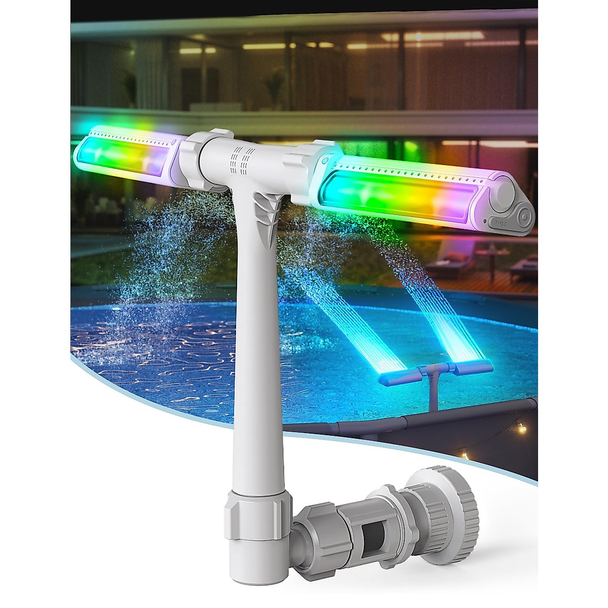POOLHACKER Pool Fountain with 7-Color LED Lights, Above/Inground Pool Fountain Lights with Remote Control, Adjustable Pool Sprinkler Fountain with Dual Spray Heads, Above Ground Pool Cooling System