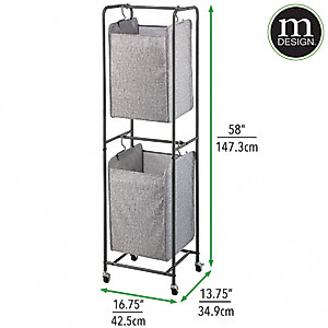 mDesign Vertical Stacked Laundry Hamper Basket with Wheels, Portable, 2 Removable Bags for Organizing Clothes, Laundry, Lights, Darks - Strong Metal Frame - Dark Gray