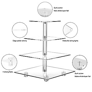 OLACHIKKO Cupcake Stand, Elegant Cupcake Holder with Brighter Yellow LED String Light, Clear 4-Tier Square Acrylic Cupcake Tower for Wedding, Birthday, Baby Shower, Party