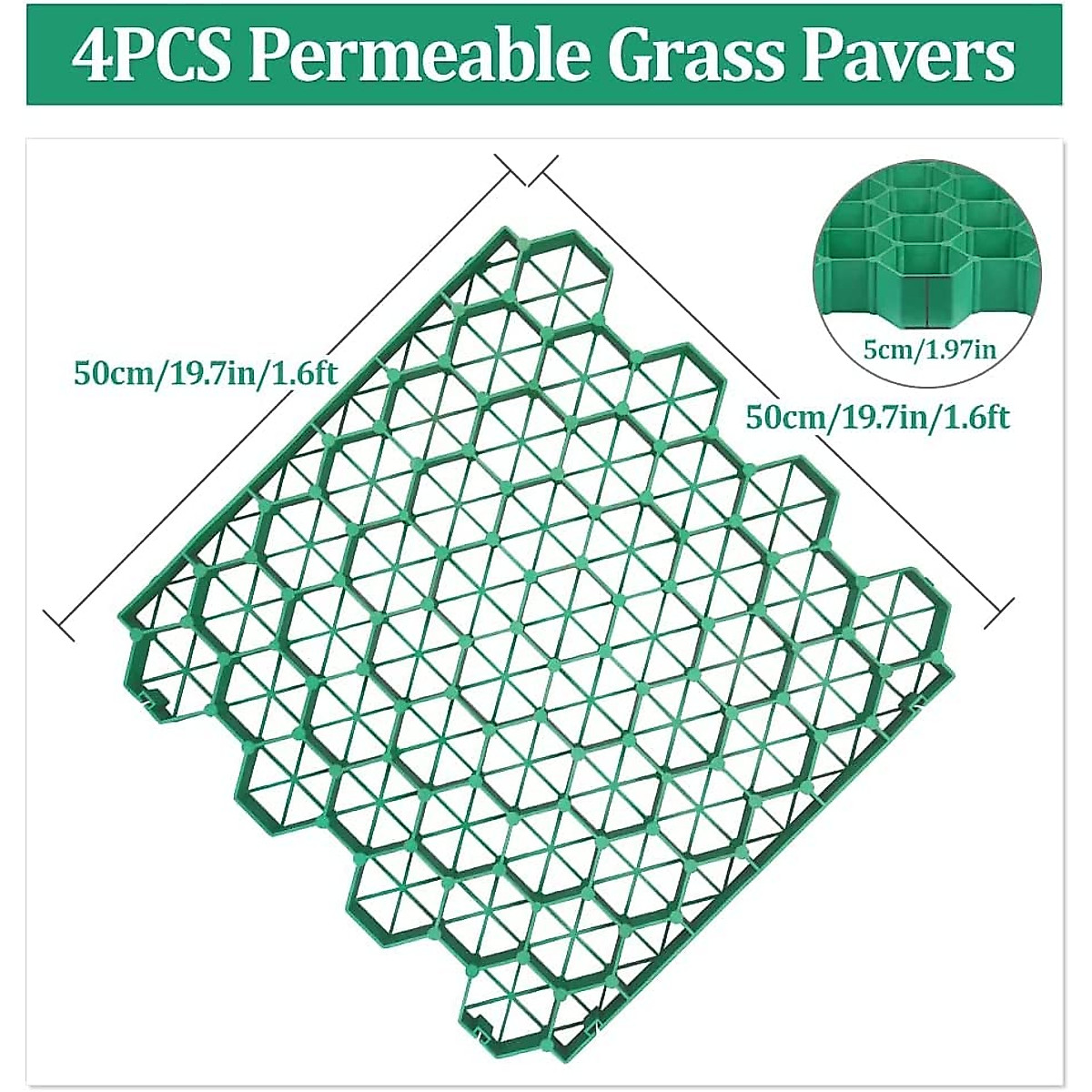 YUEWO Gravel Driveway Grid 1.9” Depth Flat-Interlocked Permeable Grass Pavers HDPE Green Plastic Shed Base for Parking Lot, Garden, Fire Lanes Cover 11 Sf.(1 Sm), 4 Pack