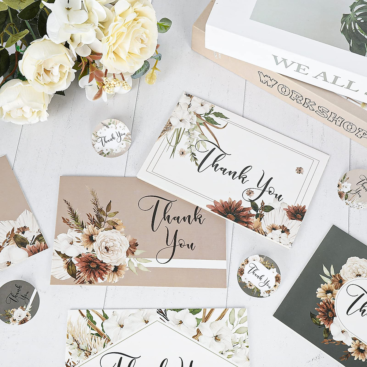 AnyDesign Boho Floral Thank You Cards Bulk 30 Pack Fall Rustic Greeting Cards with Stickers Envelopes Watercolor Flower Blank Appreciation Note Cards for Birthday Wedding Thanksgiving Baby Shower