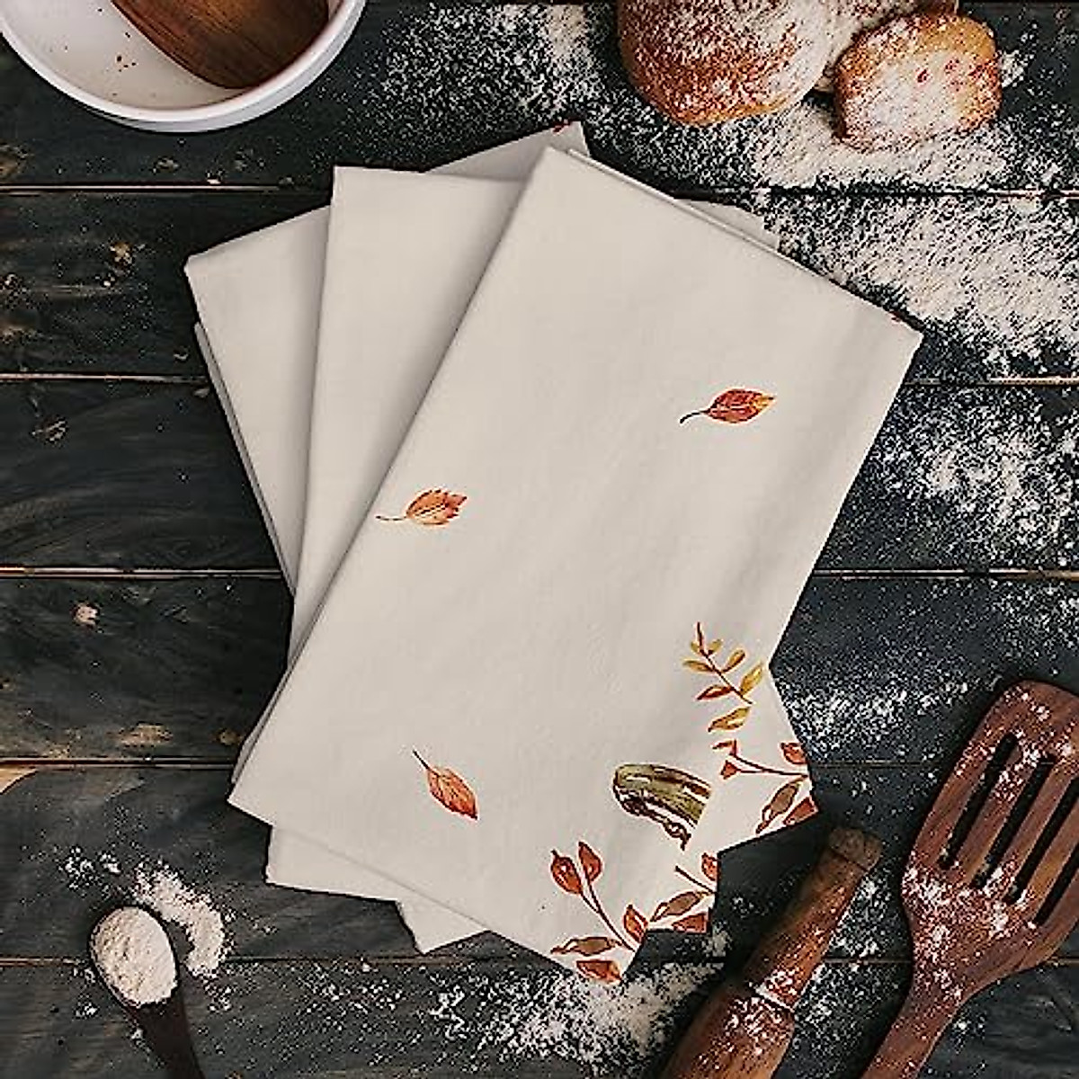 Fall Kitchen Towels Set Pink Pumpkins Flower Thanksgiving Dish Towel Autumn Harvest Maple Leaves Dishcloths,Absorbent Soft Cotton Dish Cloths Tea Towels Fall Seasonal Decoration Hand Towels Set